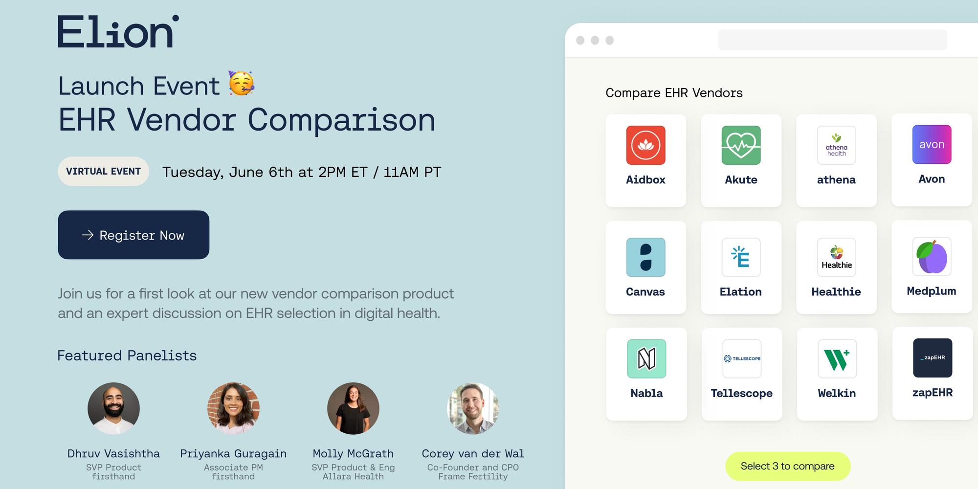 Elion Launch Event: EHR Vendor Comparison · Zoom · Luma